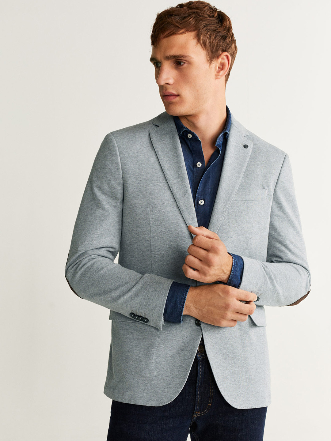 Buy MANGO MAN Grey Melange Solid Single Breasted Casual Blazer ...