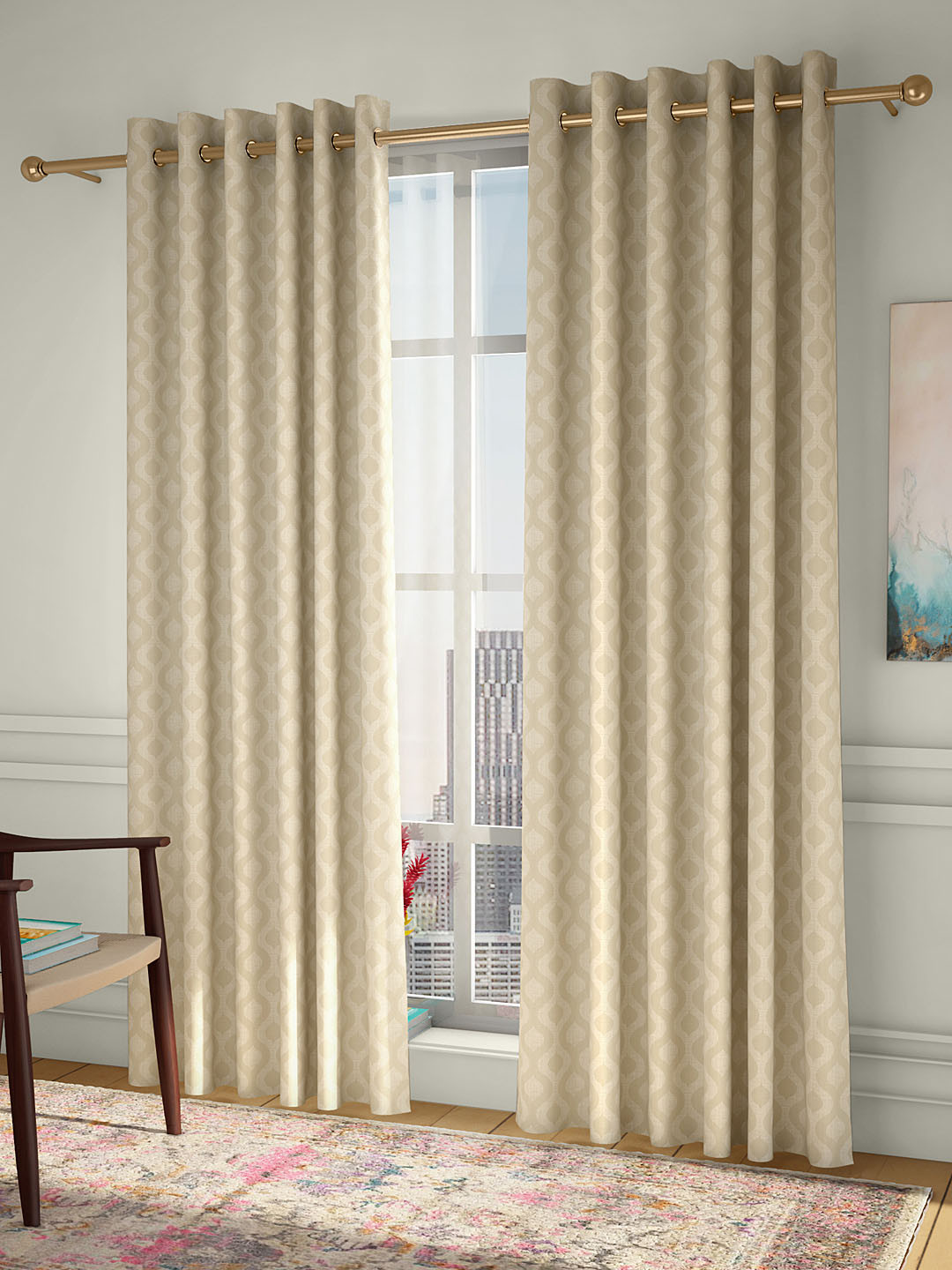 Buy CURTAIN LABEL Cream Coloured Set Of 2 Printed Long Door Curtains ...