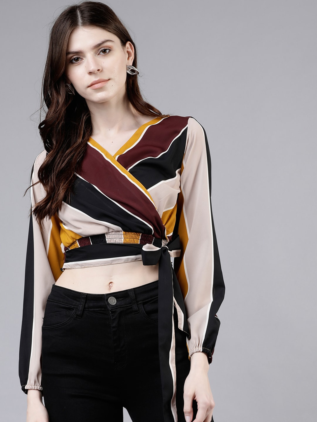 Buy Tokyo Talkies Women Mustard Striped Wrap Top - Tops for Women ...