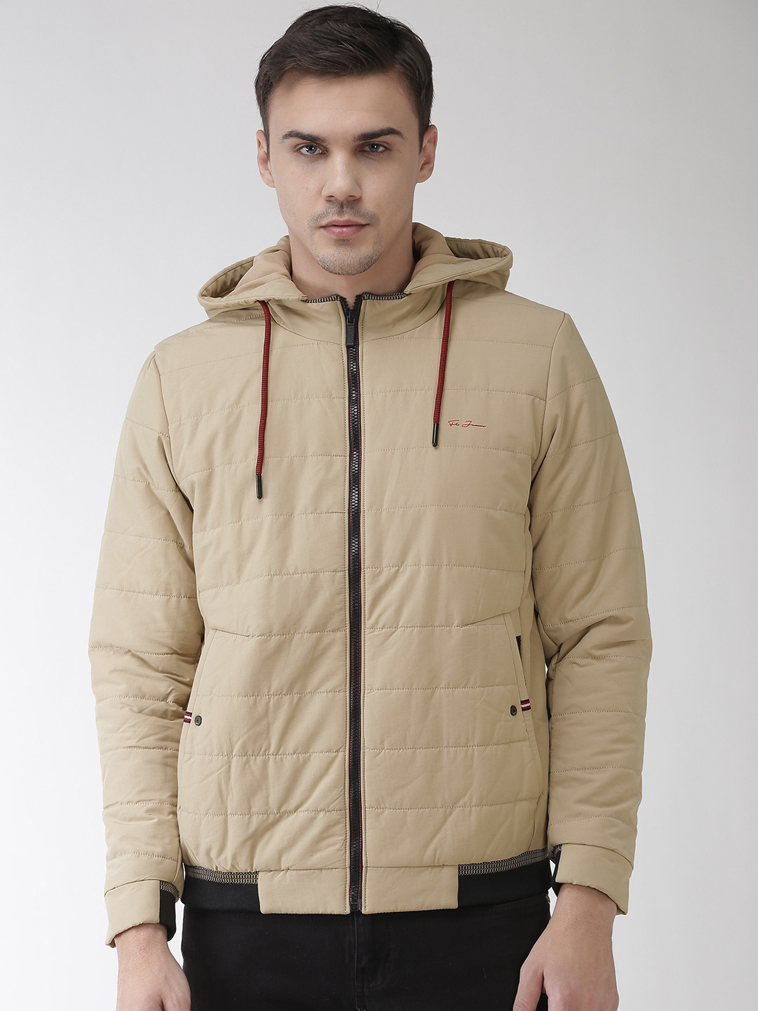 Buy Fort Collins Men Beige Solid Hooded Padded Jacket - Jackets for Men ...