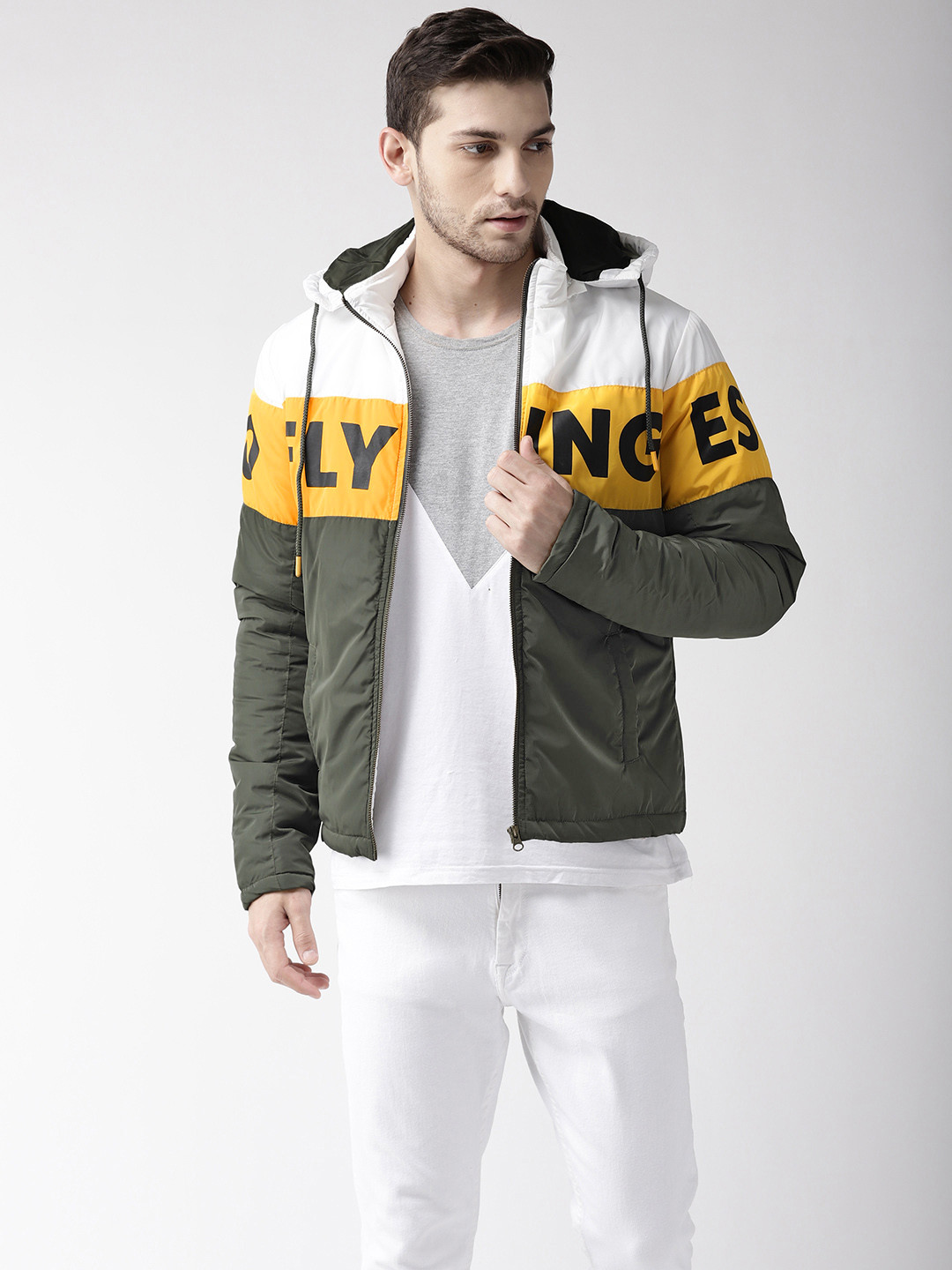 Buy Flying Machine Men Olive Green & White Colourblocked Detachable ...