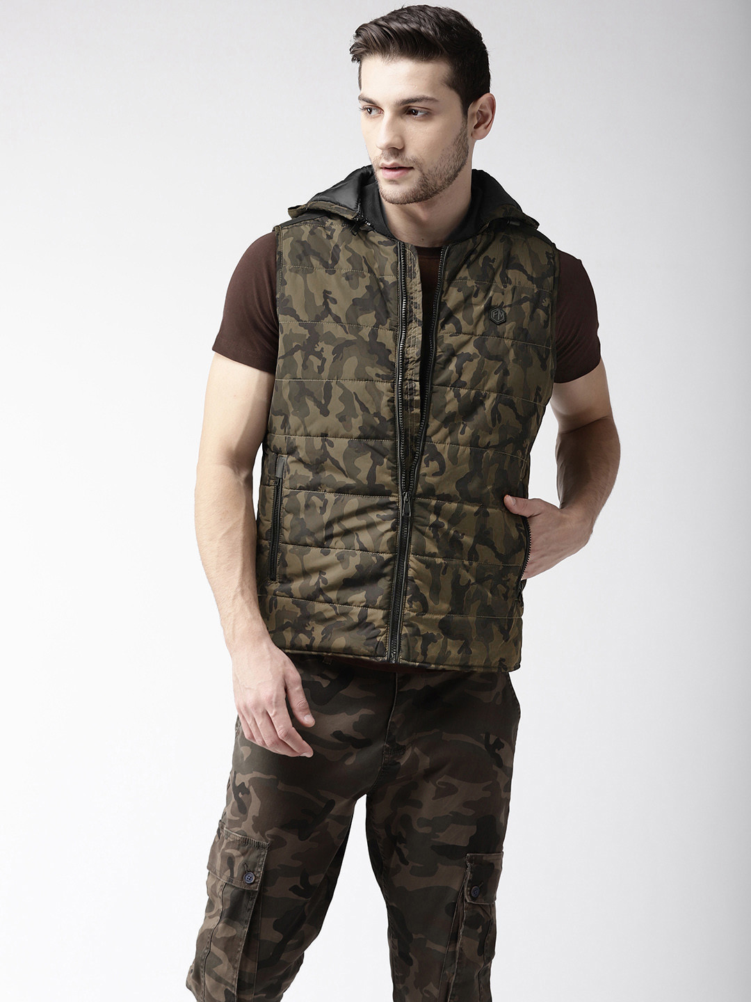 Buy Flying Machine Men Olive Green & Black Detachable Hood Camouflage ...
