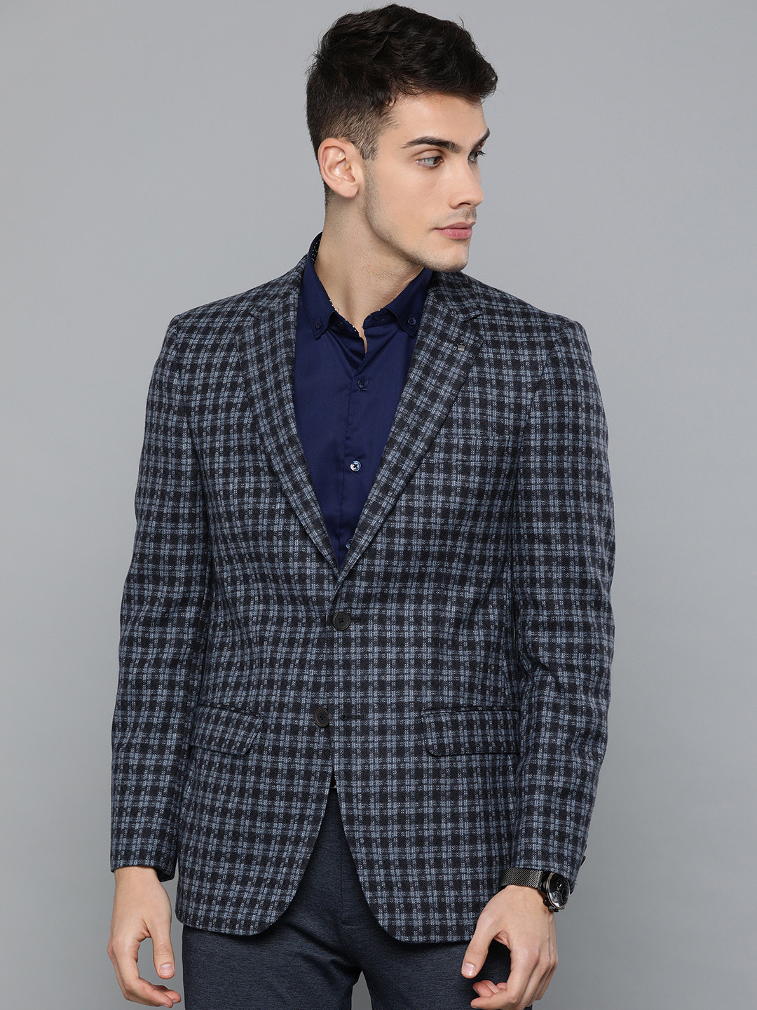 Buy Louis Philippe Men Blue Tailored Fit Self Checked Single Breasted ...