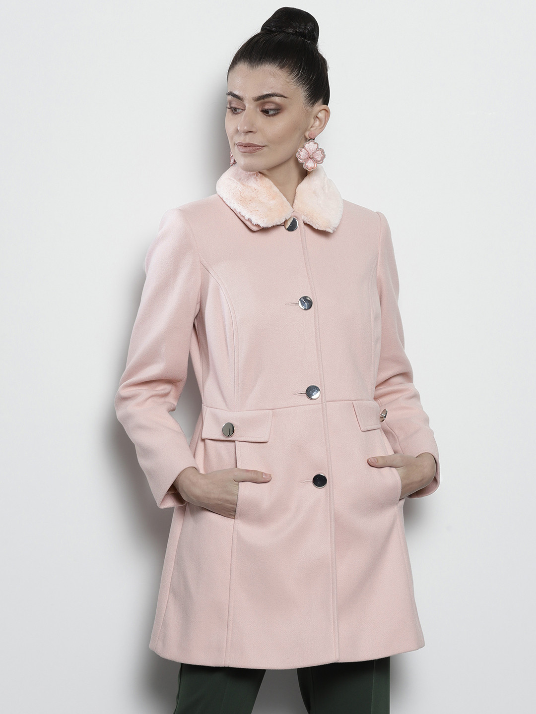 Buy DOROTHY PERKINS Women Dusty Pink Solid Single Breasted Overcoat ...