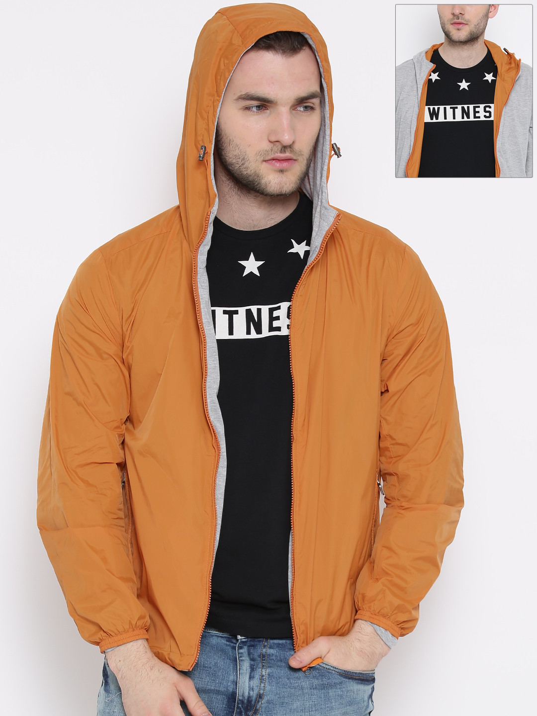 Buy United Colors Of Benetton Orange & Grey Melange Reversible Hooded ...