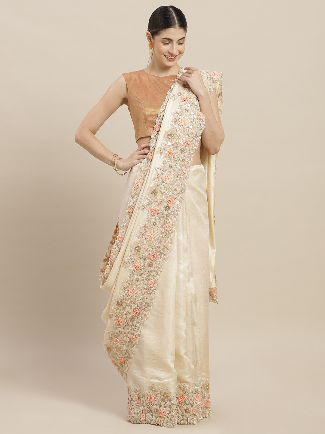 Buy Soch Cream Coloured Solid Embellished Satin Party Wear Saree ...