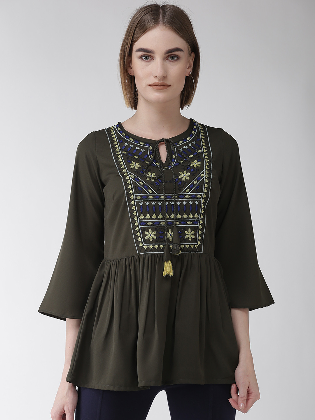 Buy PlusS Women Olive Green & Yellow Embroidered A Line Top - Tops for ...