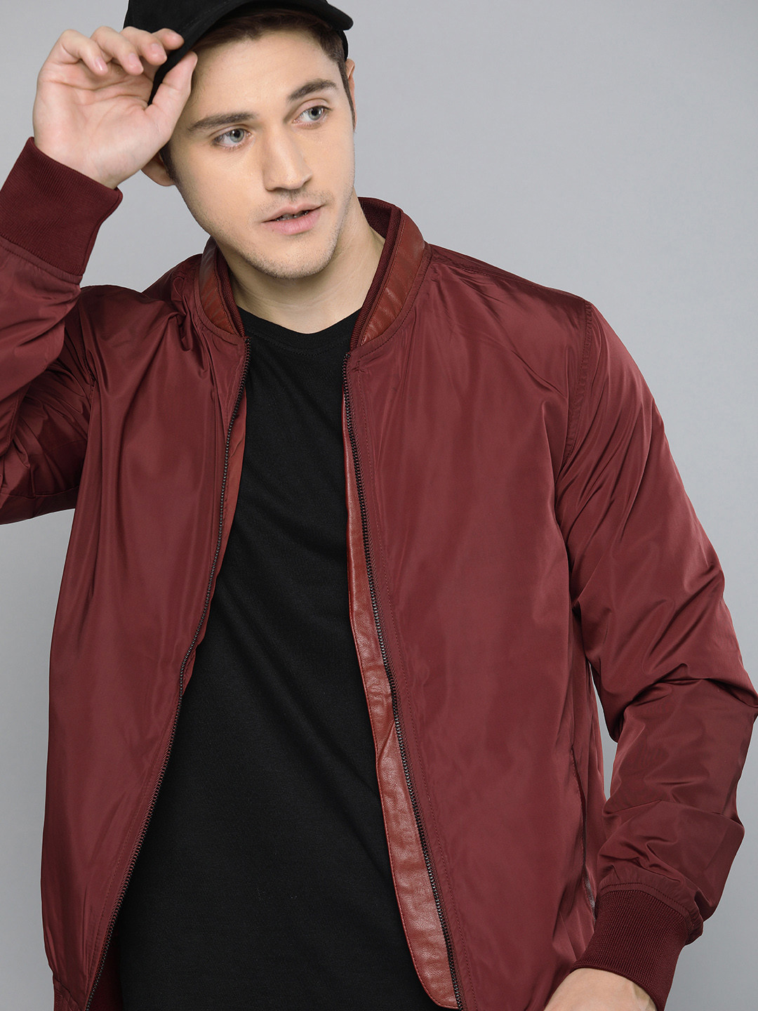 Buy SINGLE Men Maroon Solid Slim Fit Bomber Jacket - Jackets for Men ...