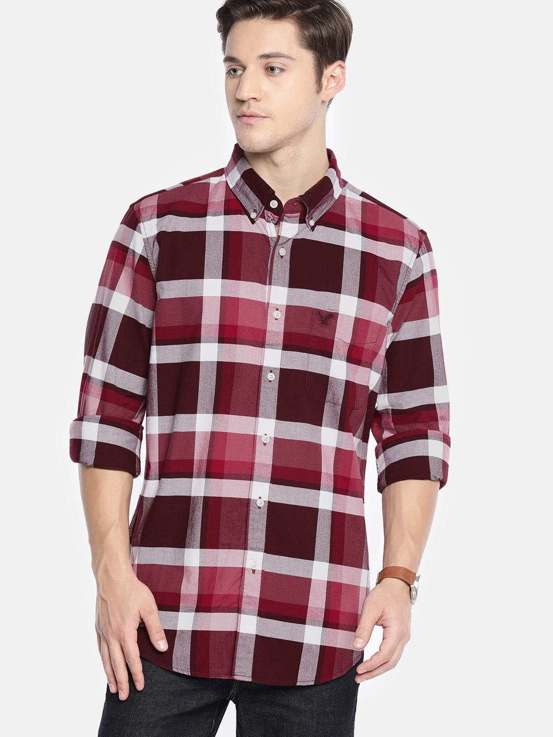 Buy American Eagle Outfitters Men Maroon And White Slim Fit Checked