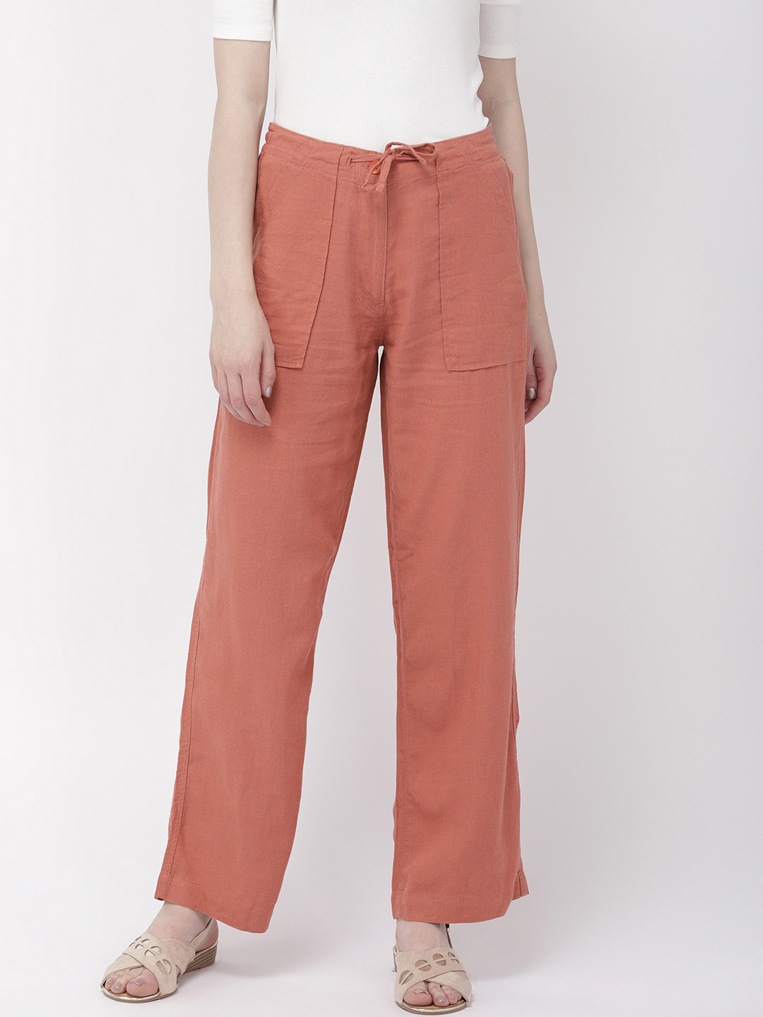 Buy Go Colors Women Rust Pink Solid Relaxed Fit Solid Parallel Trousers ...