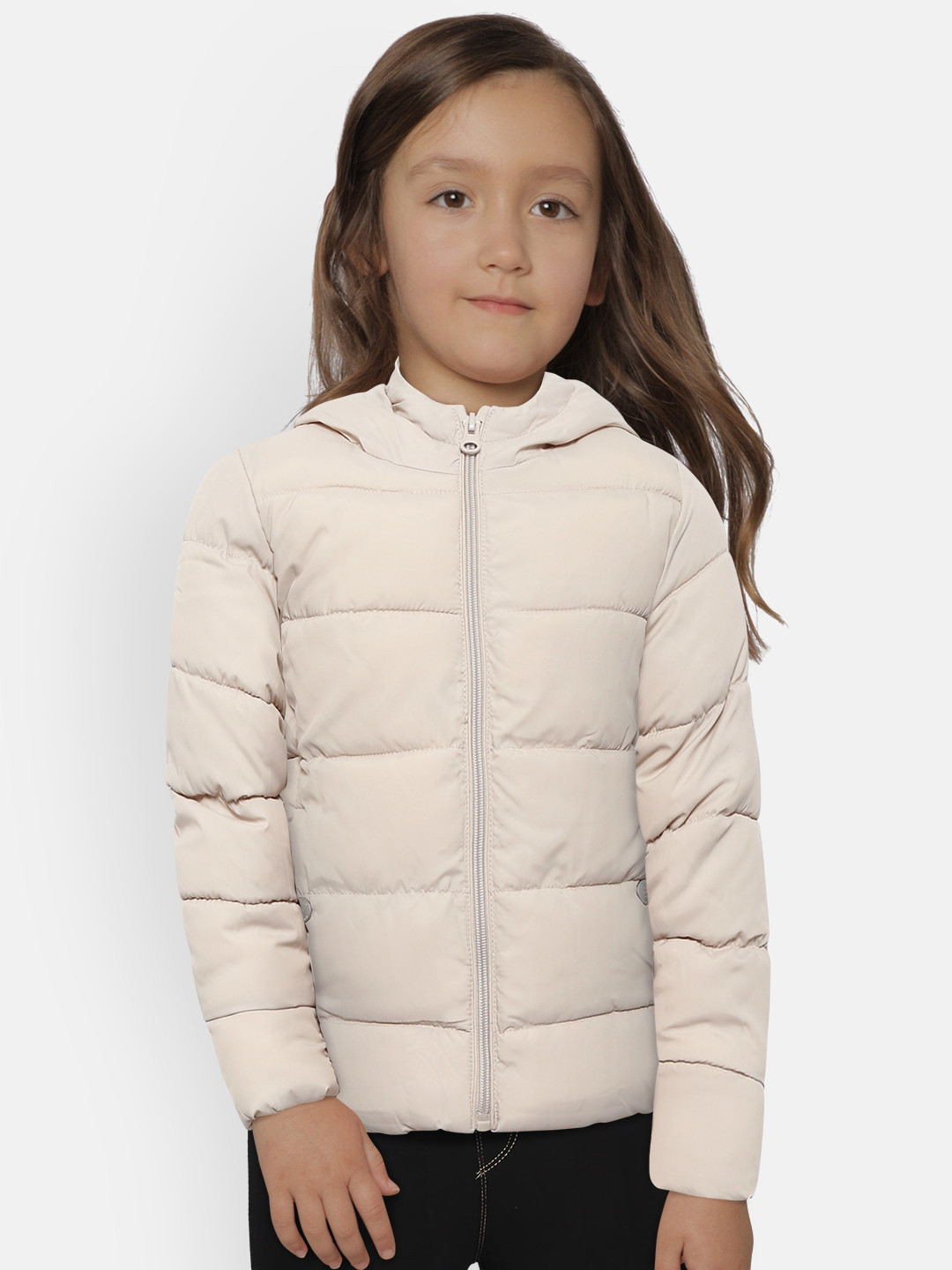Buy Mango Kids Girls Beige Solid Hooded Padded Jacket - Jackets for ...