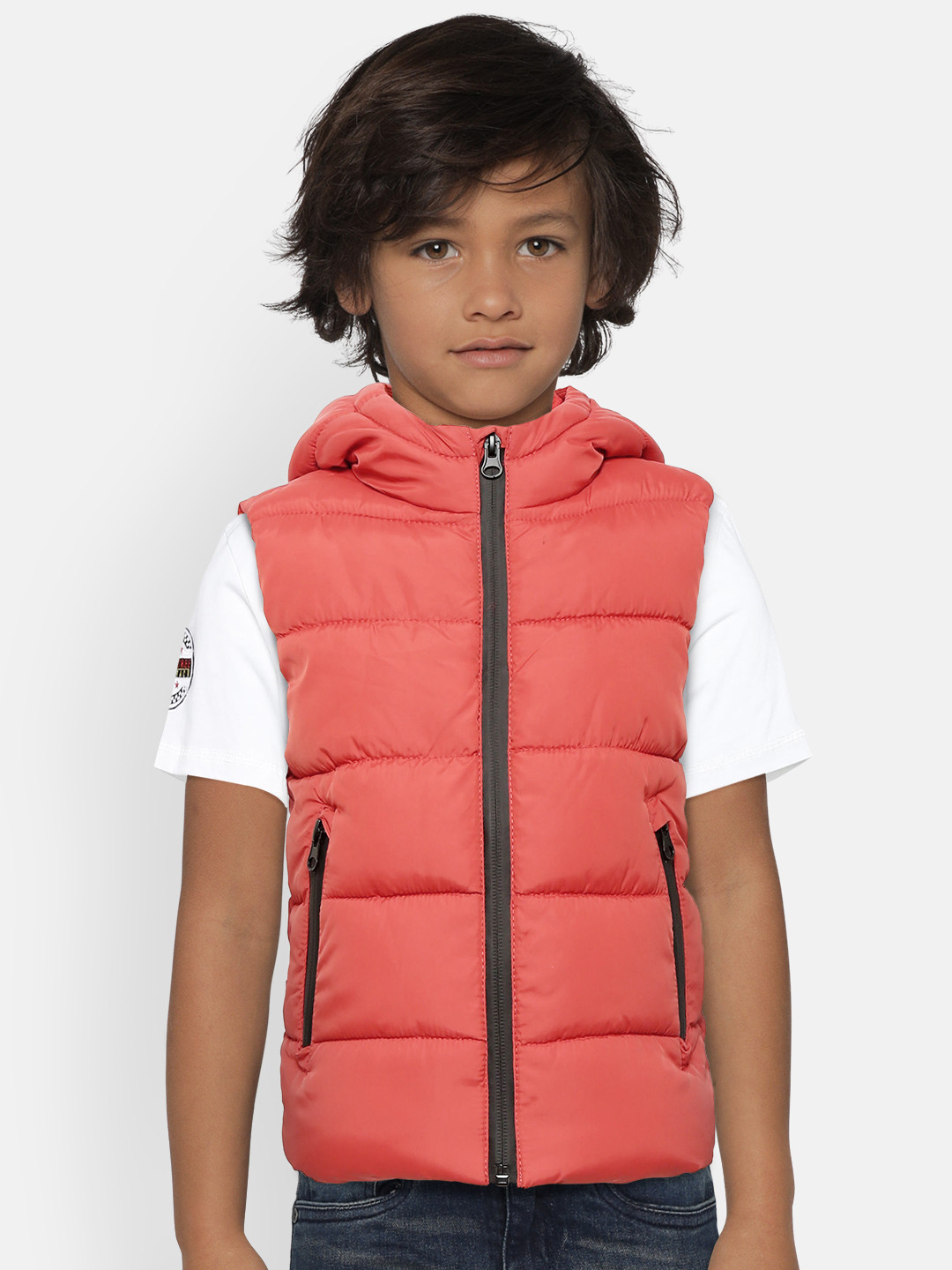 Buy Mango Kids Boys Coral Red Solid Hooded Puffer Jacket - Jackets for ...