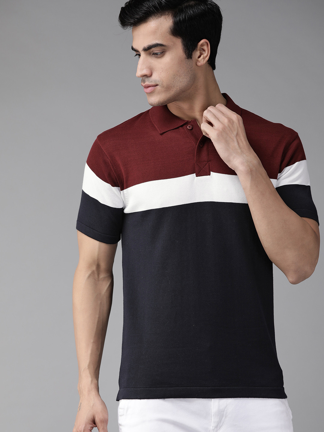 Buy The Roadster Lifestyle Co Men Navy Blue & Maroon Colourblocked Polo ...