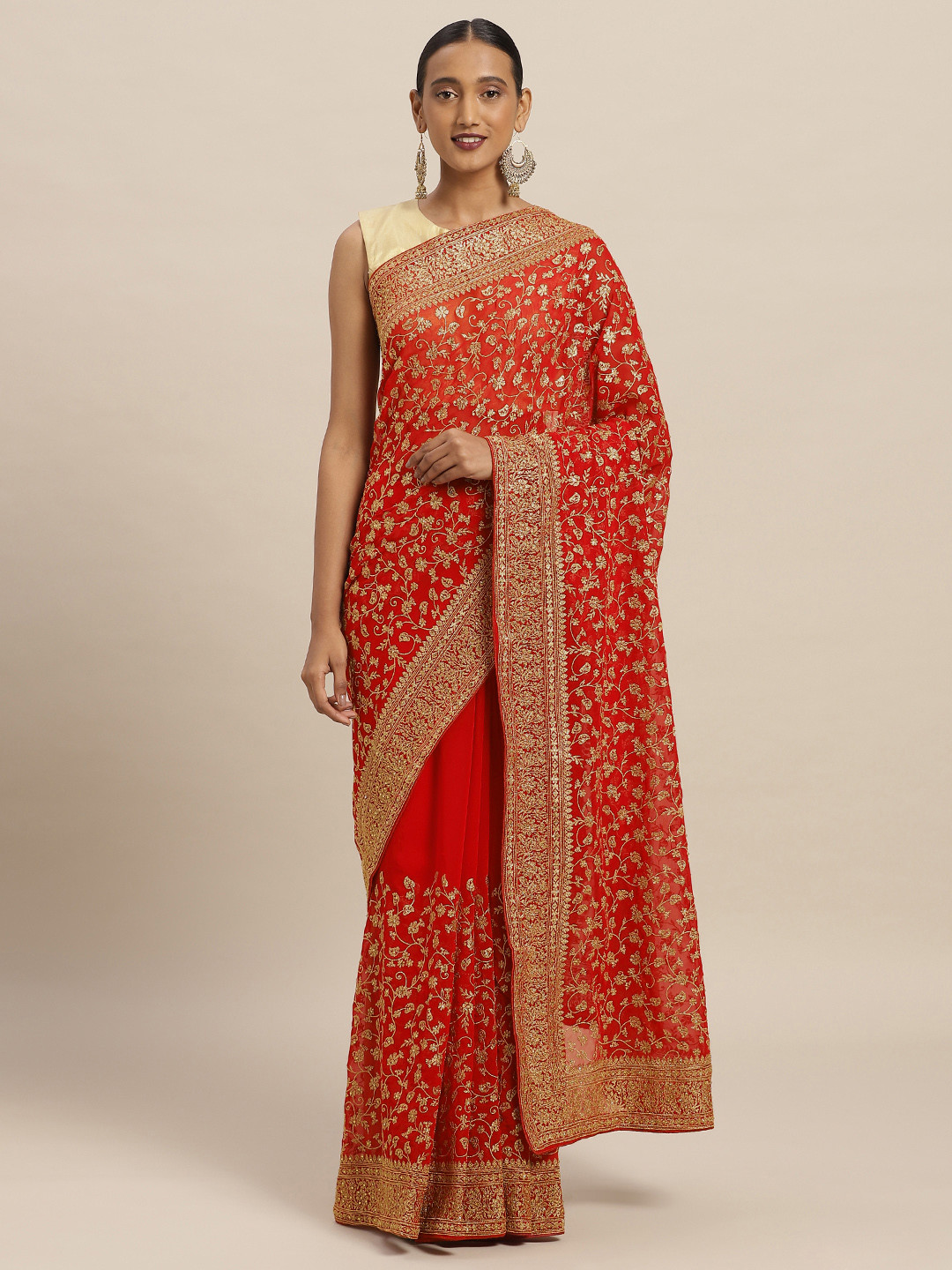 Buy Soch Red & Gold Toned Poly Georgette Embroidered Saree - Sarees for ...