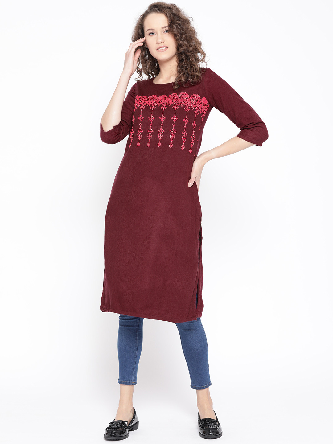 Buy Rangriti Women Maroon Yoke Design Straight Winter Kurta - Kurtas ...