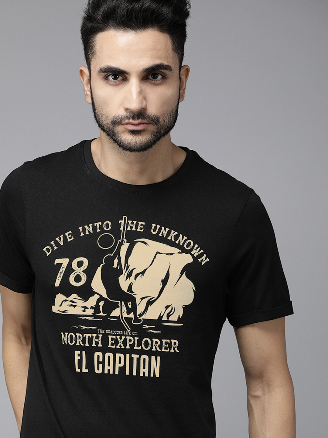 Buy The Roadster Lifestyle Co Men Black Printed Round Neck Pure Cotton T Shirt - Tshirts for Men ...