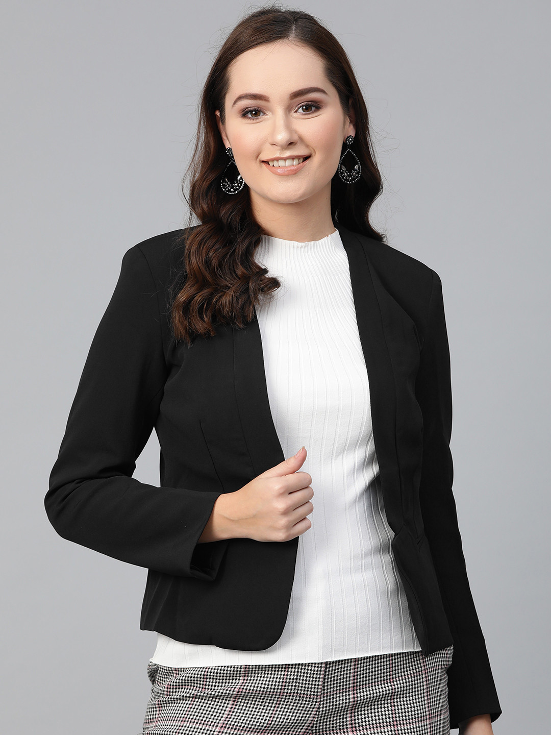 Buy Pannkh Women Black Solid Tailored Fit Front Open Blazer - Blazers ...