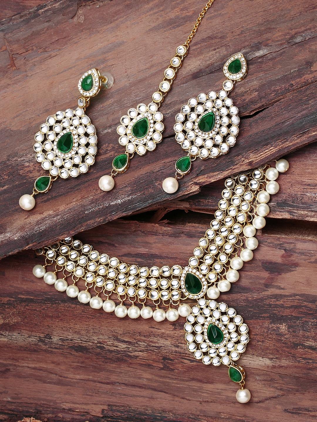 Buy Zaveri Pearls Gold Plated And Green Ethnic Kundan And Pearls Choker