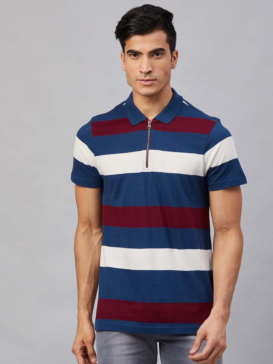 Buy The Roadster Lifestyle Co Men Blue And White Striped Polo Collar