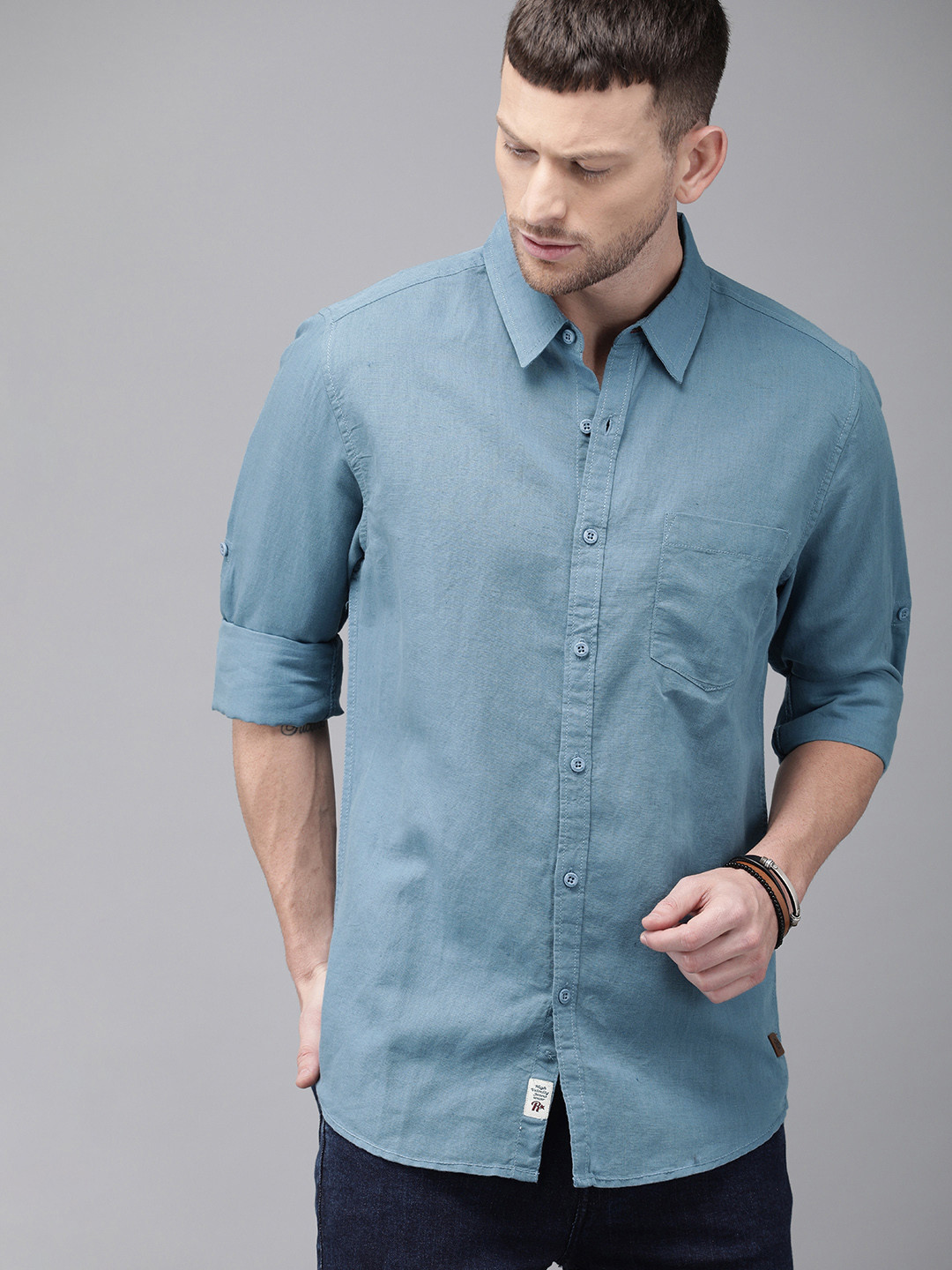 Buy Roadster Men Blue Regular Fit Solid Fog Linen Cotton Sustainable ...