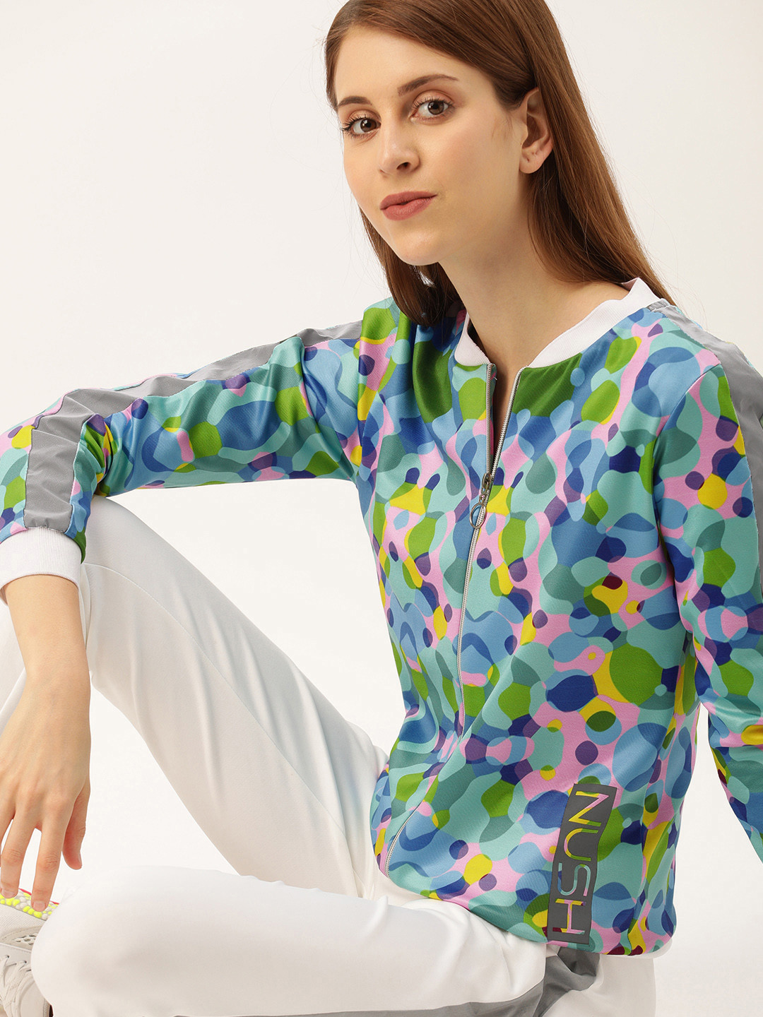 Buy NUSH Women Blue & Green Printed Sporty Jacket - Jackets for Women ...