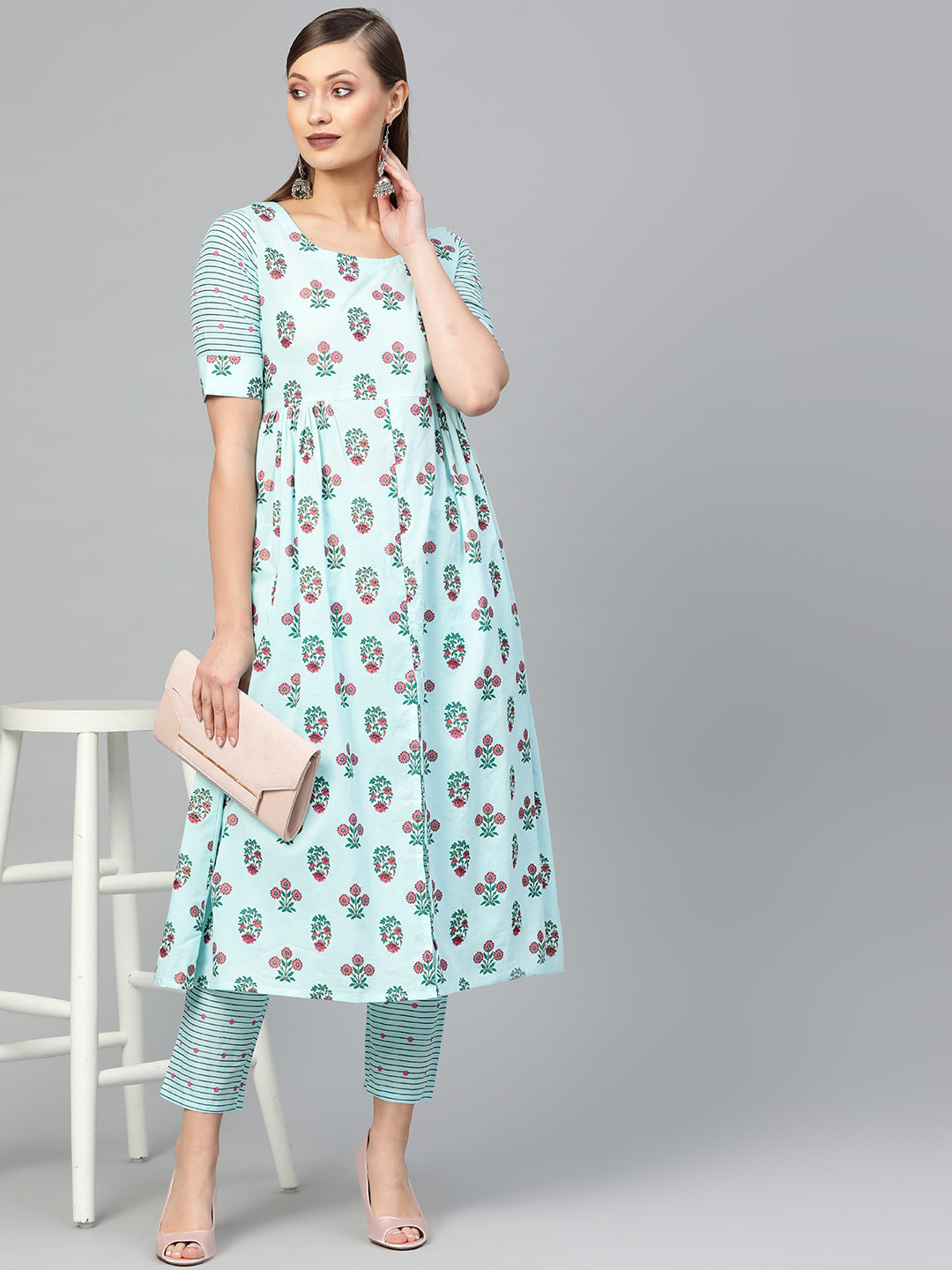 Buy Gerua By Libas Women Blue Pink Block Print Kurta With Trousers ...