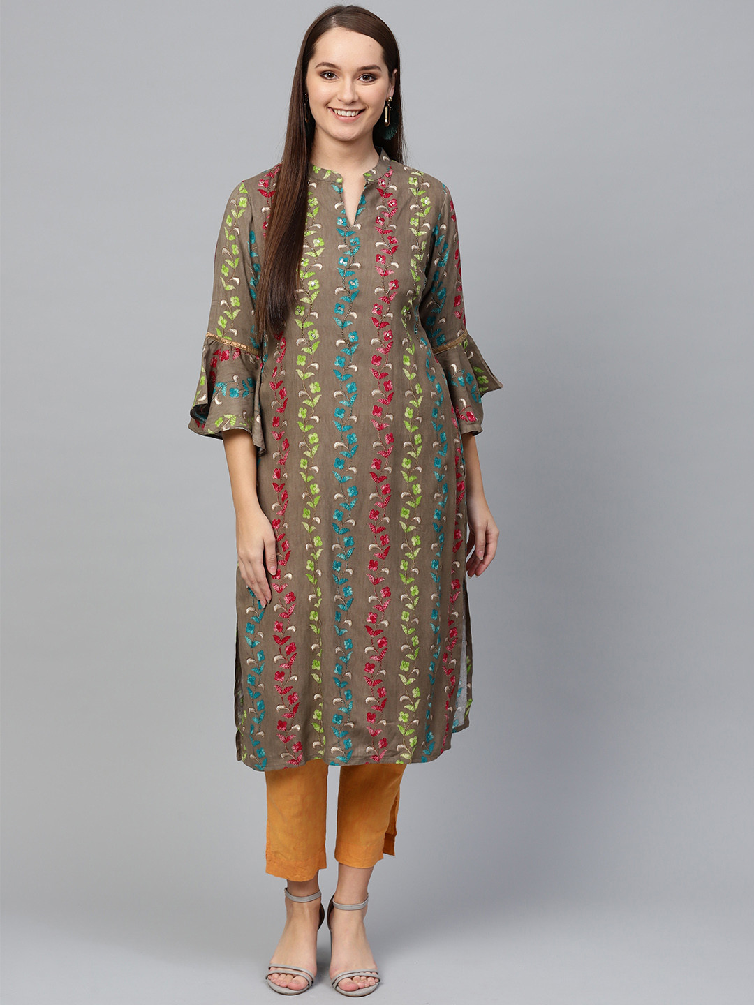 Buy Shree Women Grey & Green Printed Straight Kurta - Kurtas for Women ...