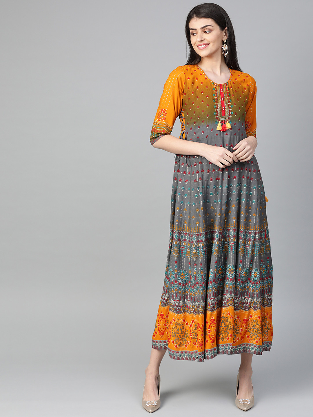 Buy Shree Women Mustard Yellow & Grey Printed Maxi Dress - Dresses for ...