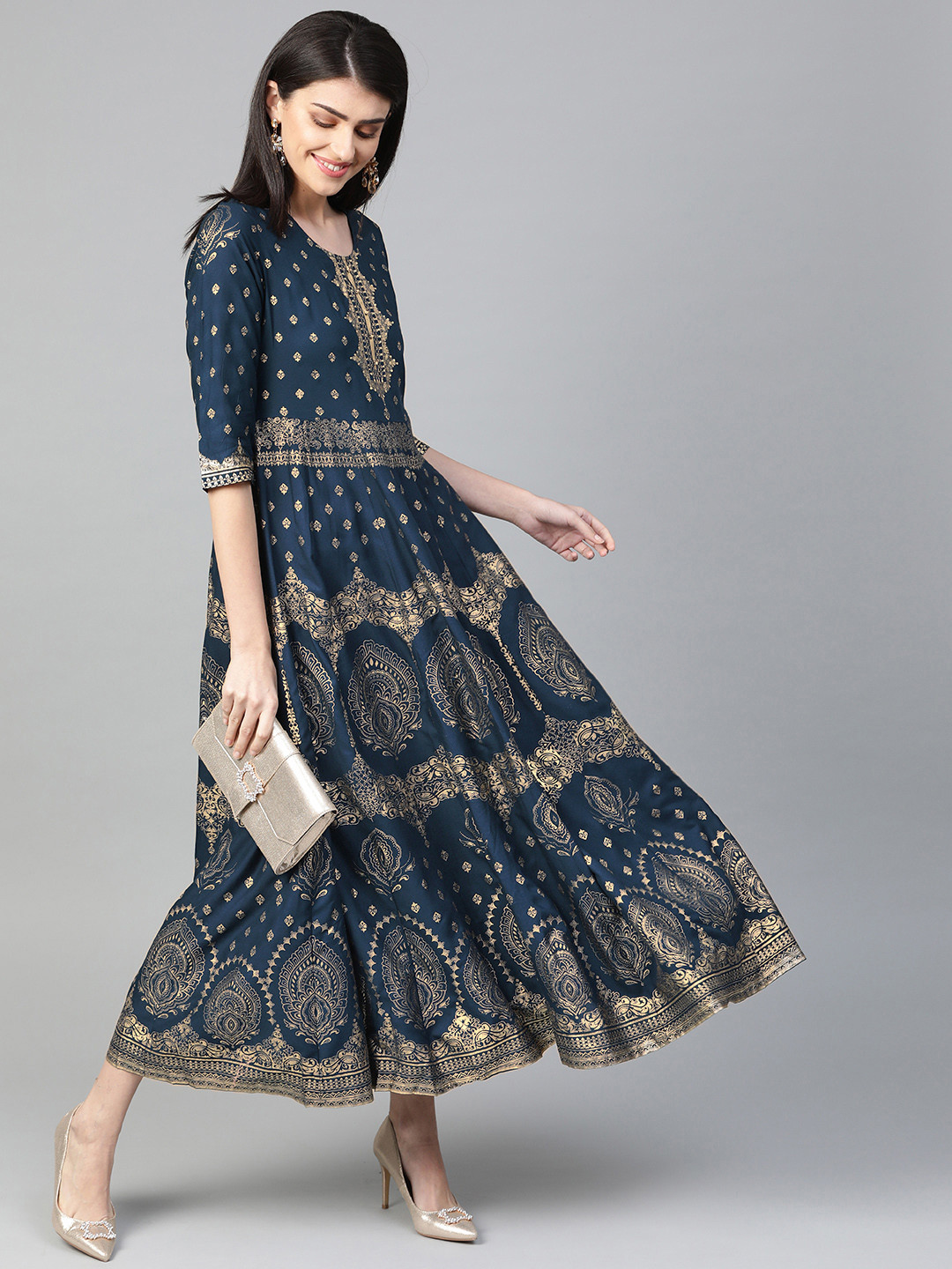 Buy Shree Women Navy Blue & Golden Printed Maxi Dress - Dresses for ...