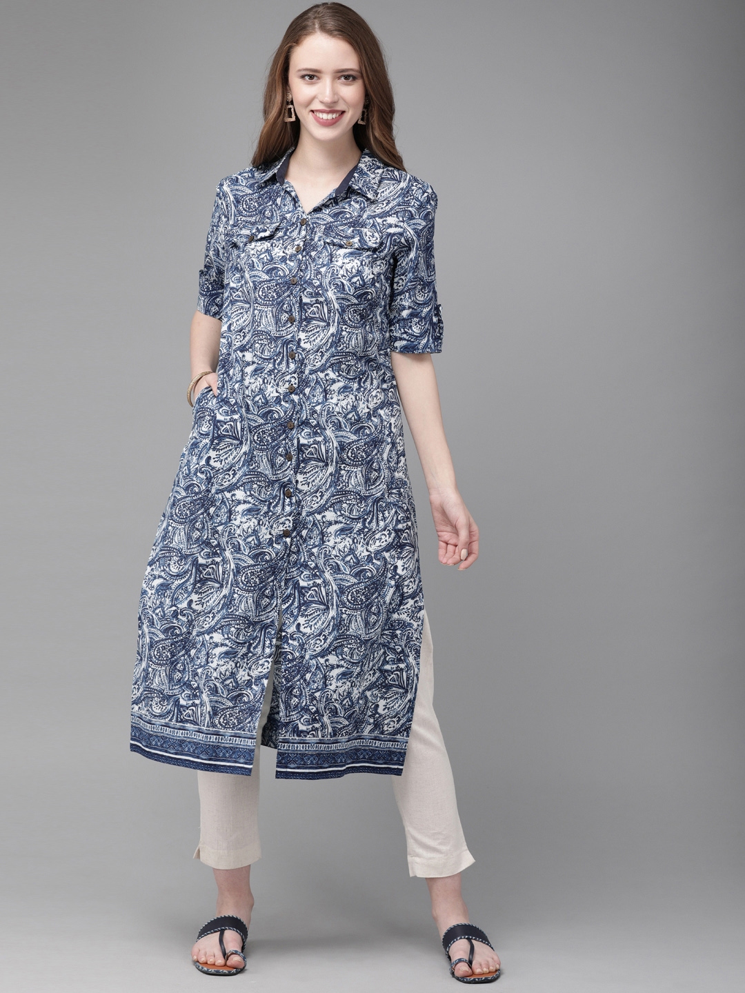 Buy Anouk Women Navy Blue And White Paisley Print Straight Kurta Kurtas