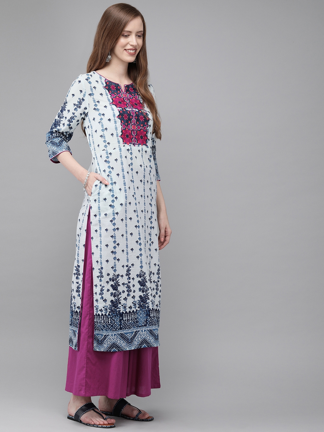 Buy Anouk Women Blue And Magenta Printed Indigo Kurta With Palazzos
