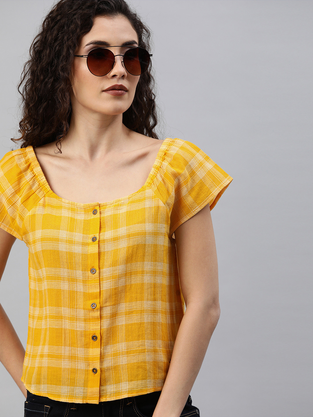 Buy The Roadster Lifestyle Co Women Yellow White Checked Shirt Style ...