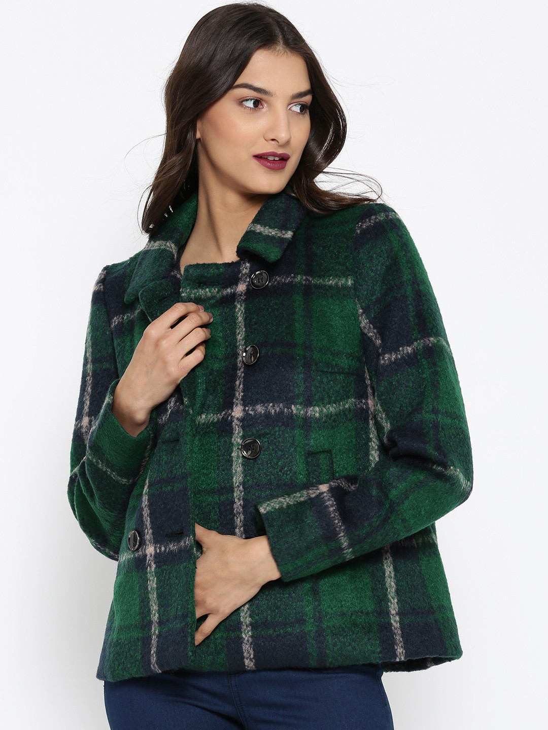 Buy Vero Moda Women Green & Navy Blue Checked Coat - Coats for Women ...