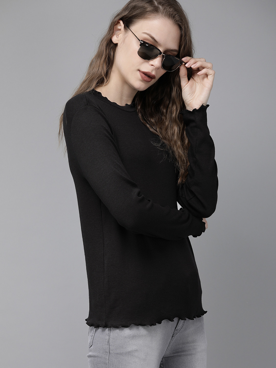 Buy Roadster Women Black Ribbed Regular Lettuce Edge Top - Tops for ...