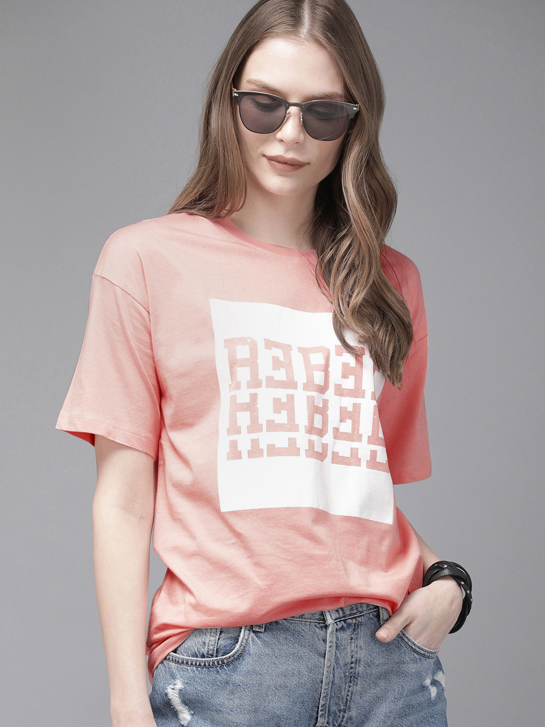 Buy Roadster Women Peach Coloured Printed Round Neck Pure Cotton T ...