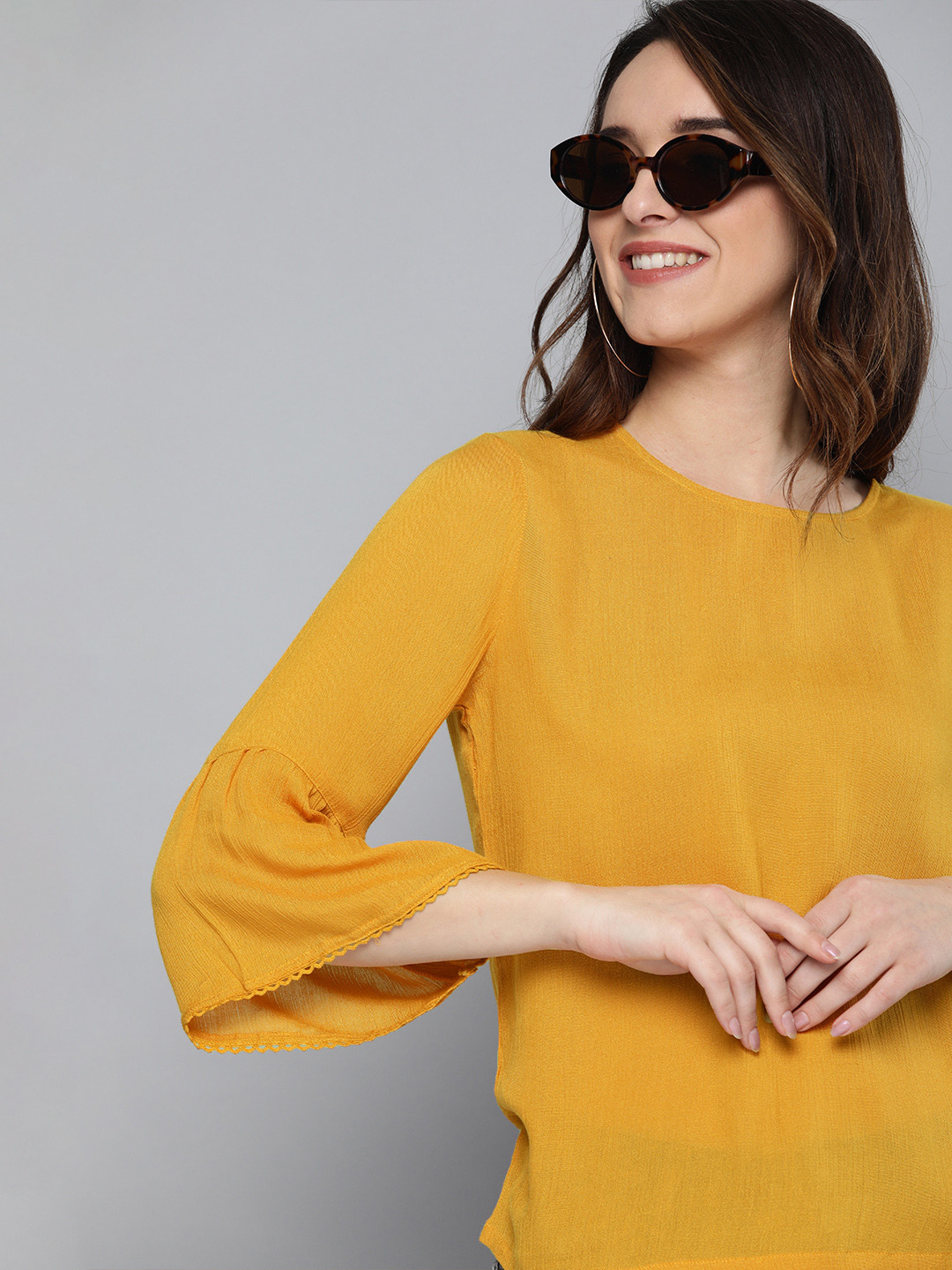 Buy HERE&NOW Women Mustard Yellow Solid Top With Bell Sleeves - Tops ...