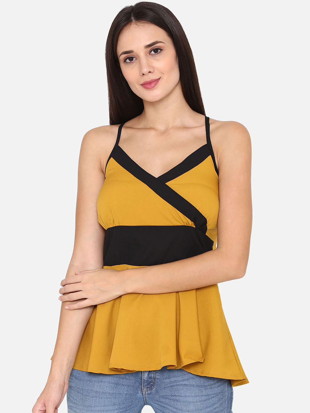 Buy PHWOAR Women Mustard Yellow Solid Peplum Top - Tops for Women ...