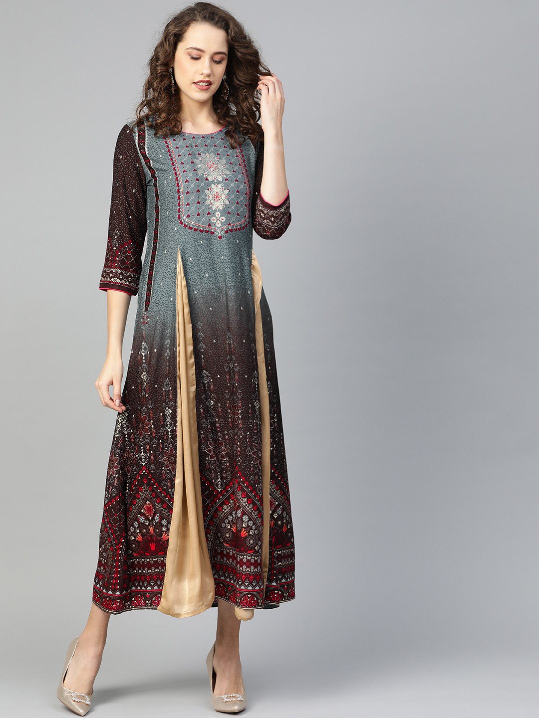 Buy Shree Women Grey & Brown Printed Maxi Dress - Dresses for Women ...