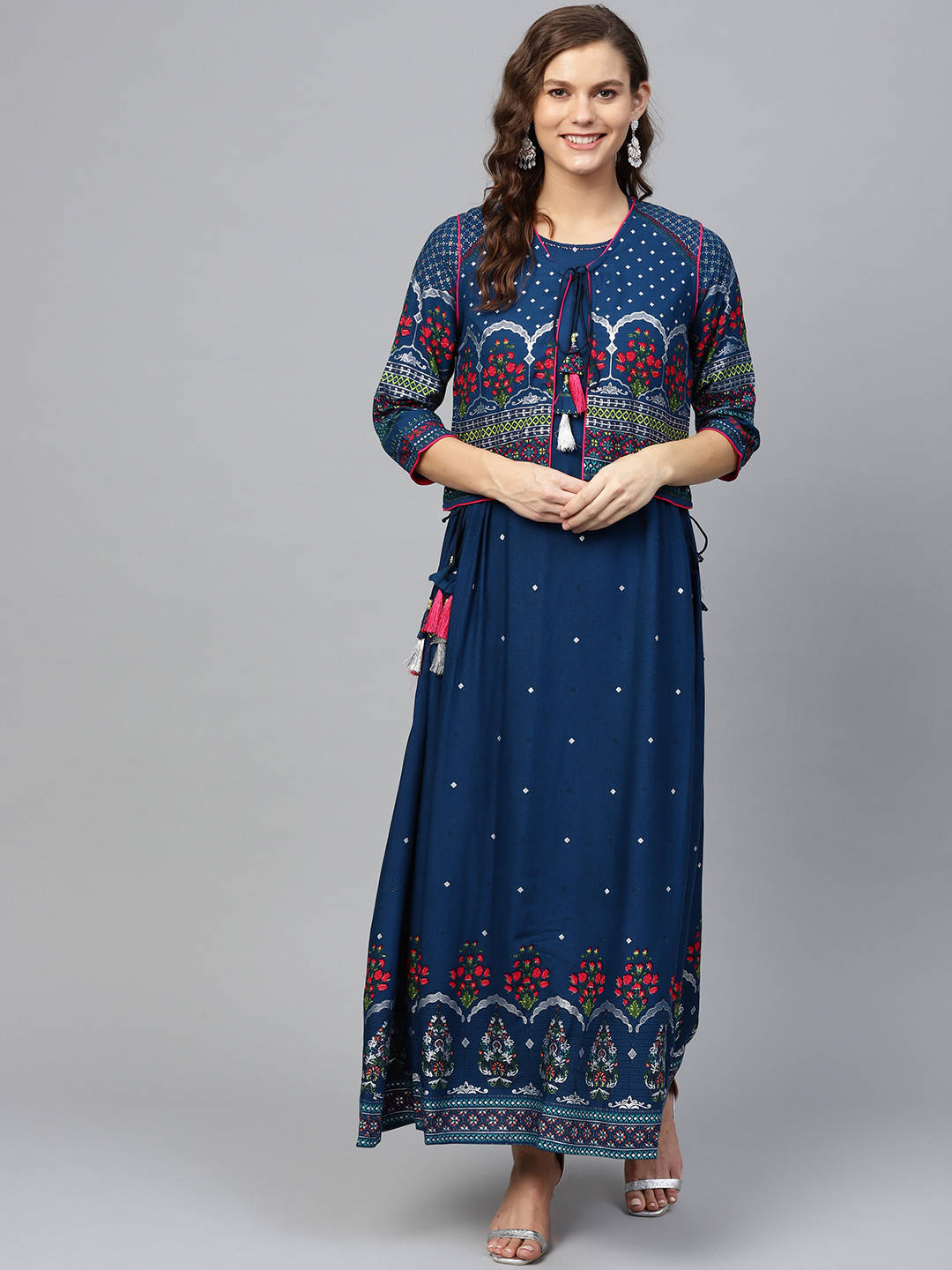 Buy Shree Women Navy Blue & Silver Printed Maxi Dress With Ethnic ...