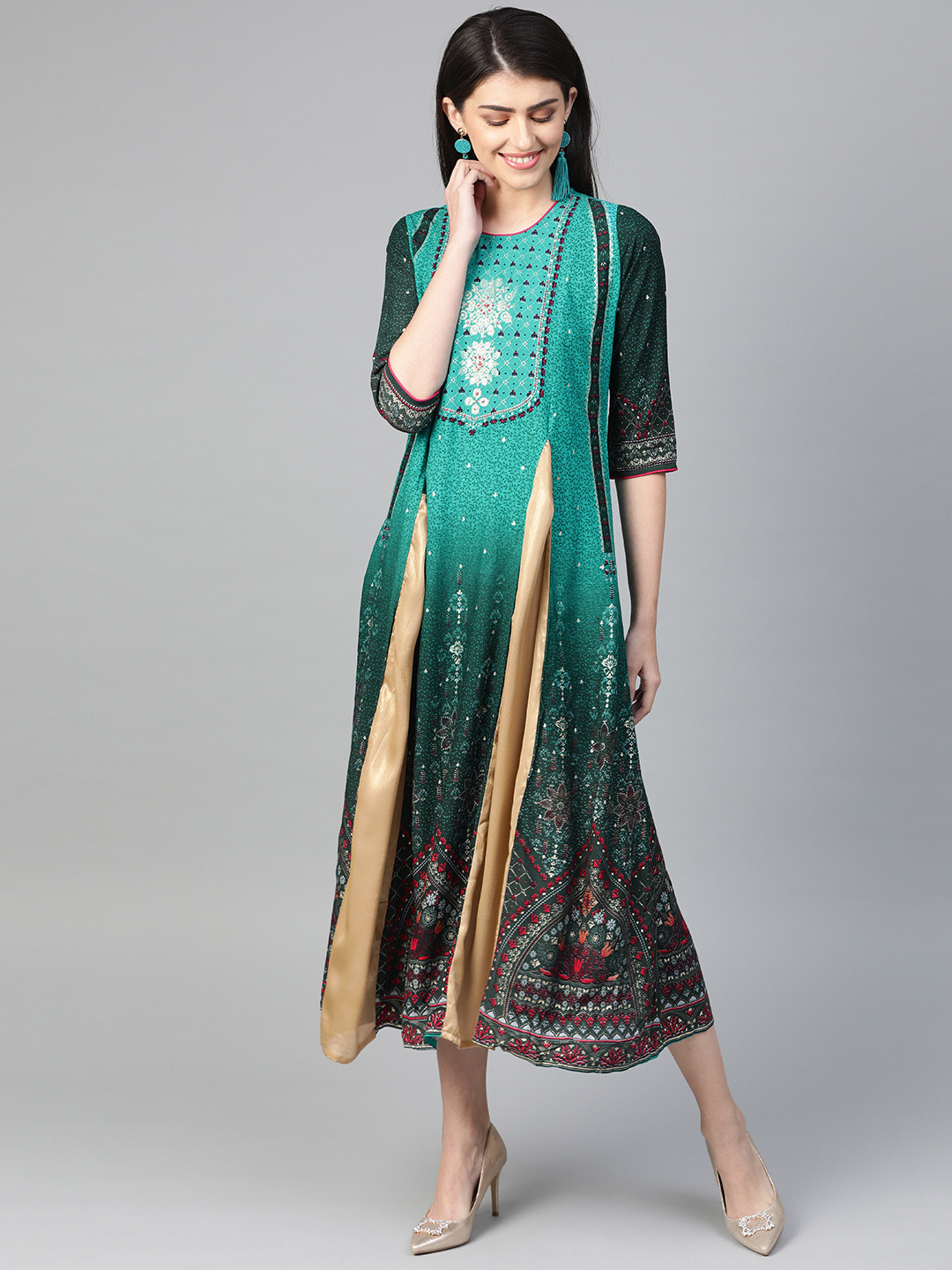 Buy Shree Women Blue & Beige Printed A Line Dress - Dresses for Women ...