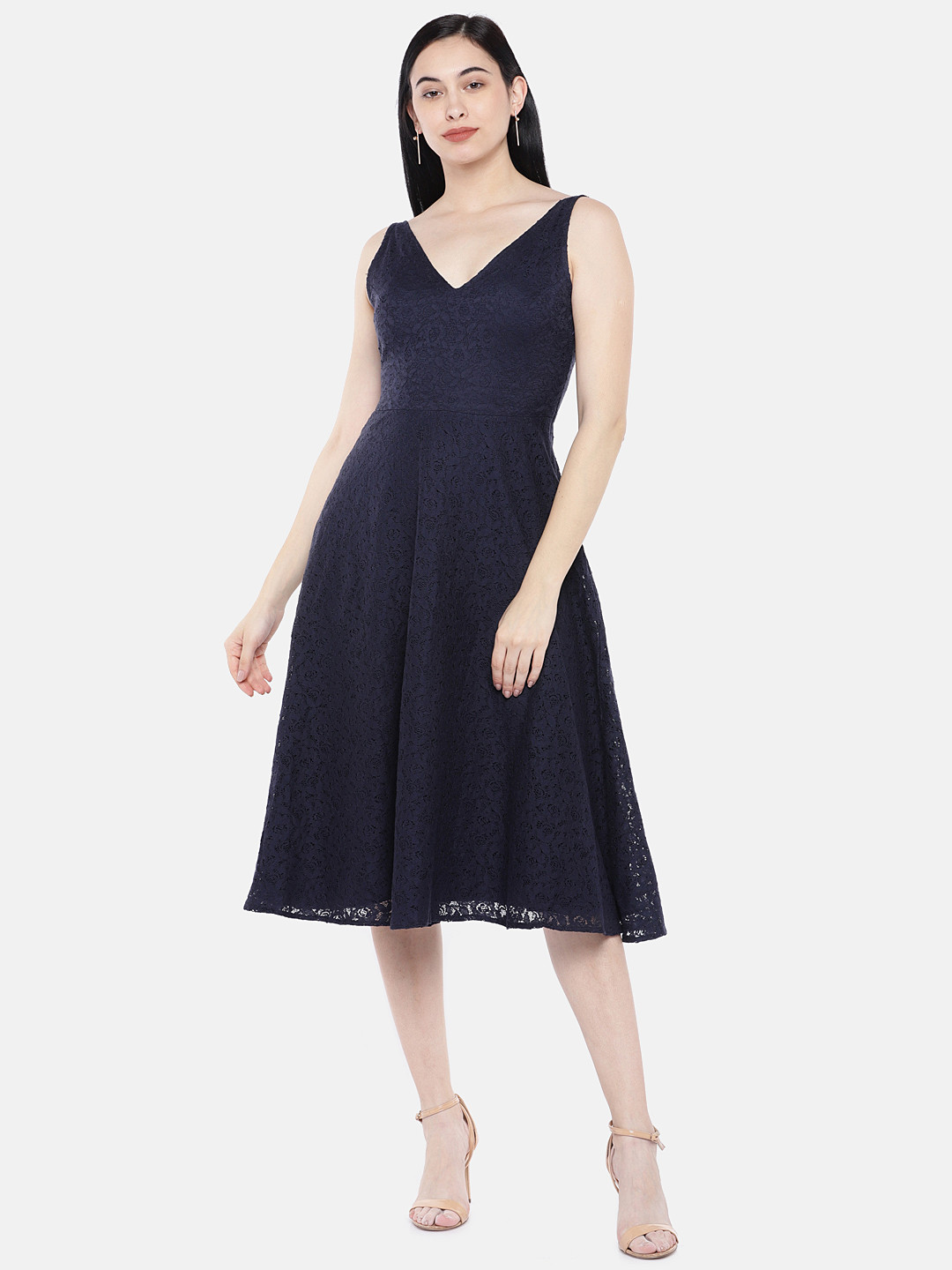 Buy The Label Life Women Navy Blue Floral Self Design A Line Dress ...