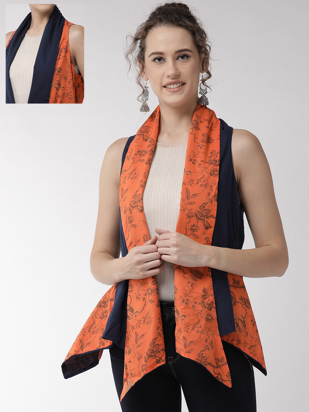 Buy InWeave Women Orange & Navy Blue Printed Reversible Open Front ...