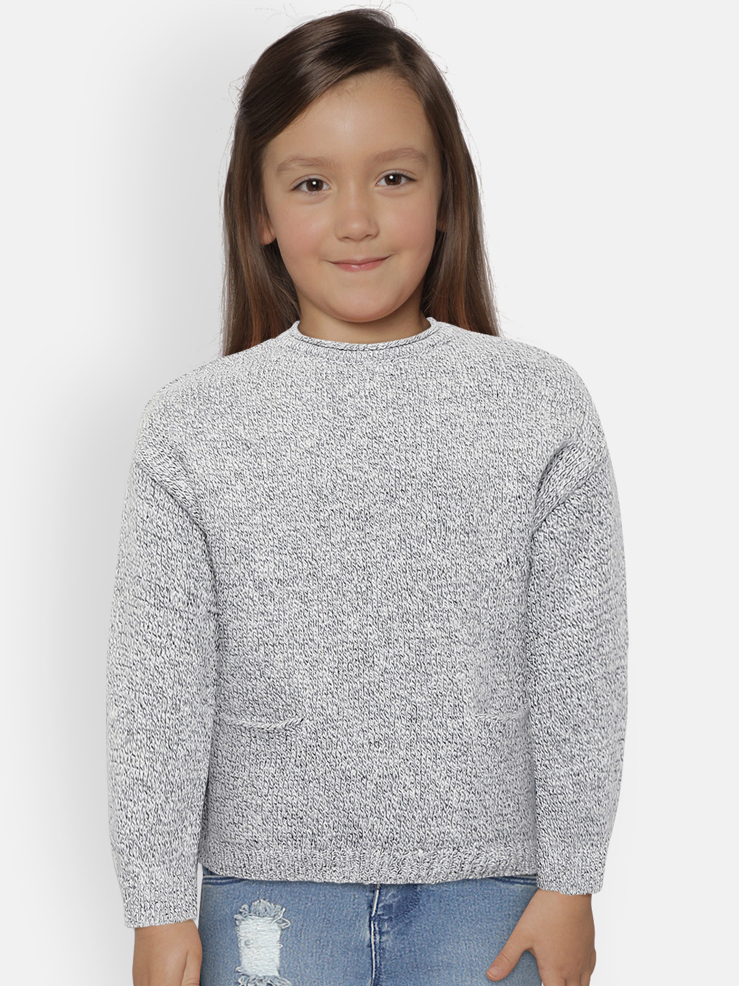 Buy Mango Kids Girls Grey Melange Solid Pullover Sweater - Sweaters for ...