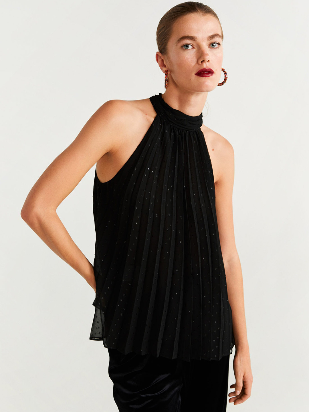 Buy MANGO Women Black Self Design Regular Top With Pleated Detail ...