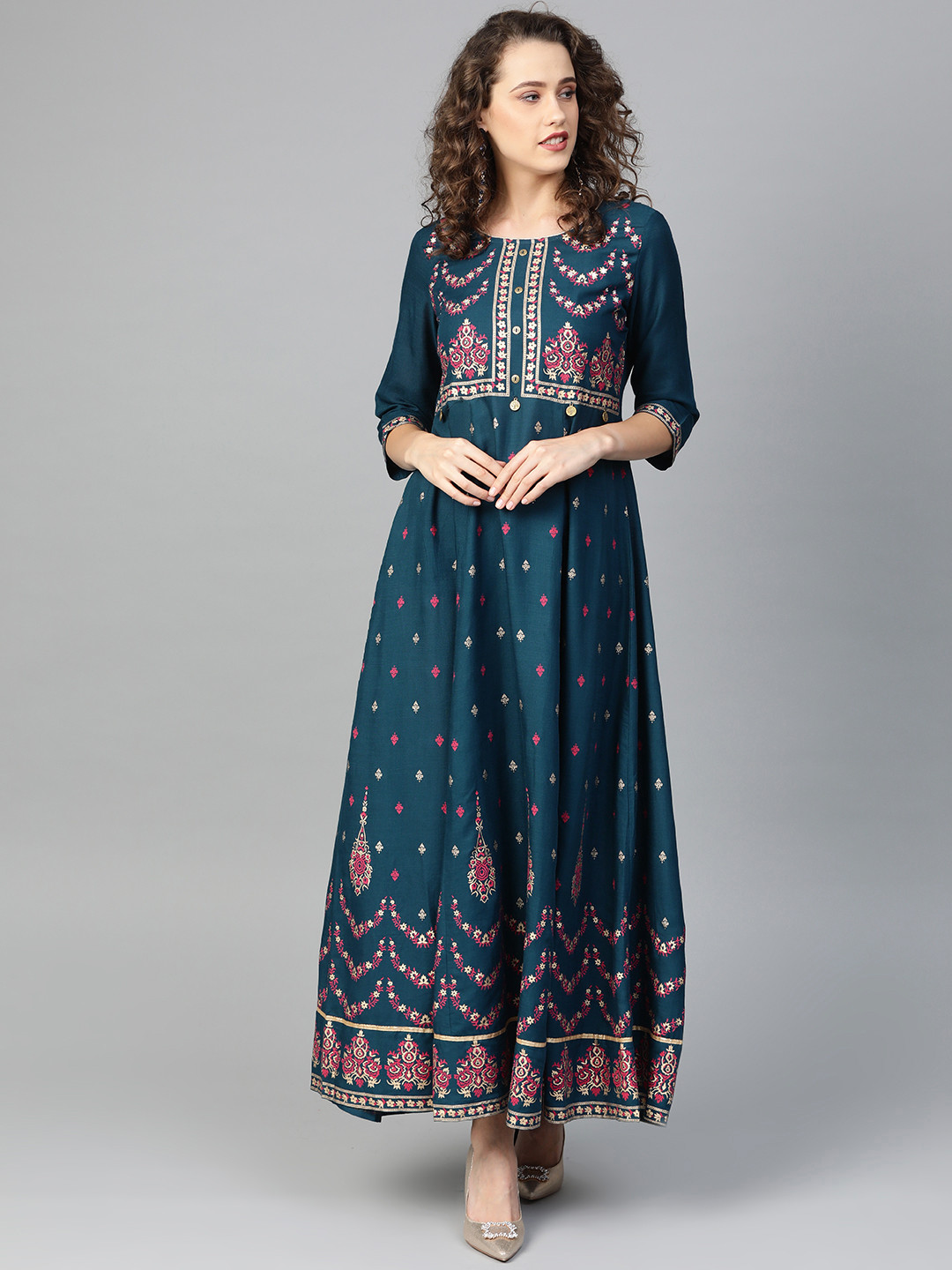 Buy Shree Women Teal Blue & Golden Printed Maxi Dress - Dresses for ...