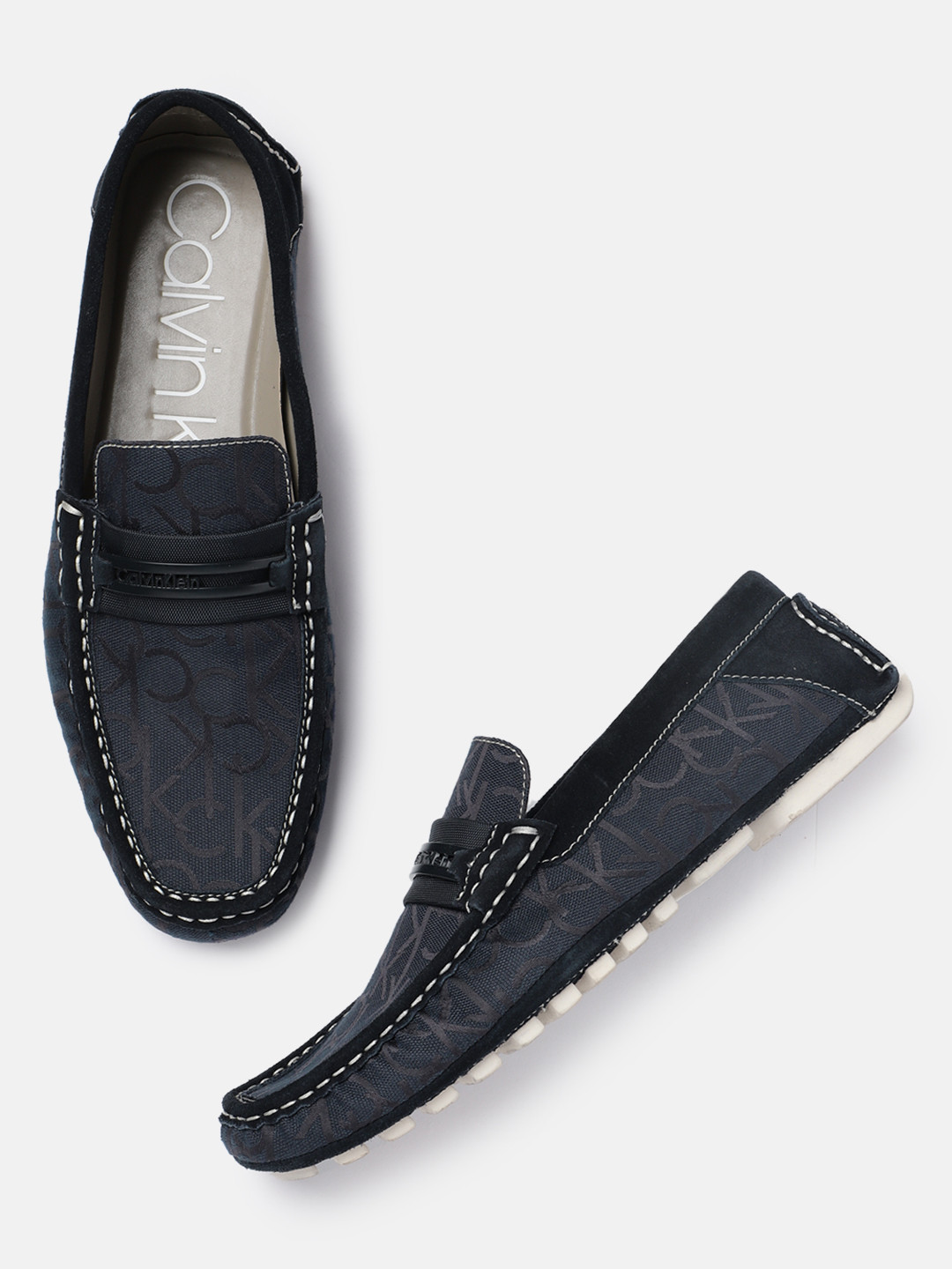 Buy Calvin Klein Men Navy Blue Printed Leather Driving Shoes - Casual ...