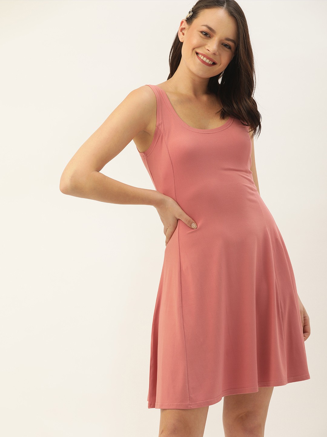 Buy Dressberry Women Peach Coloured Solid A Line Dress Dresses For