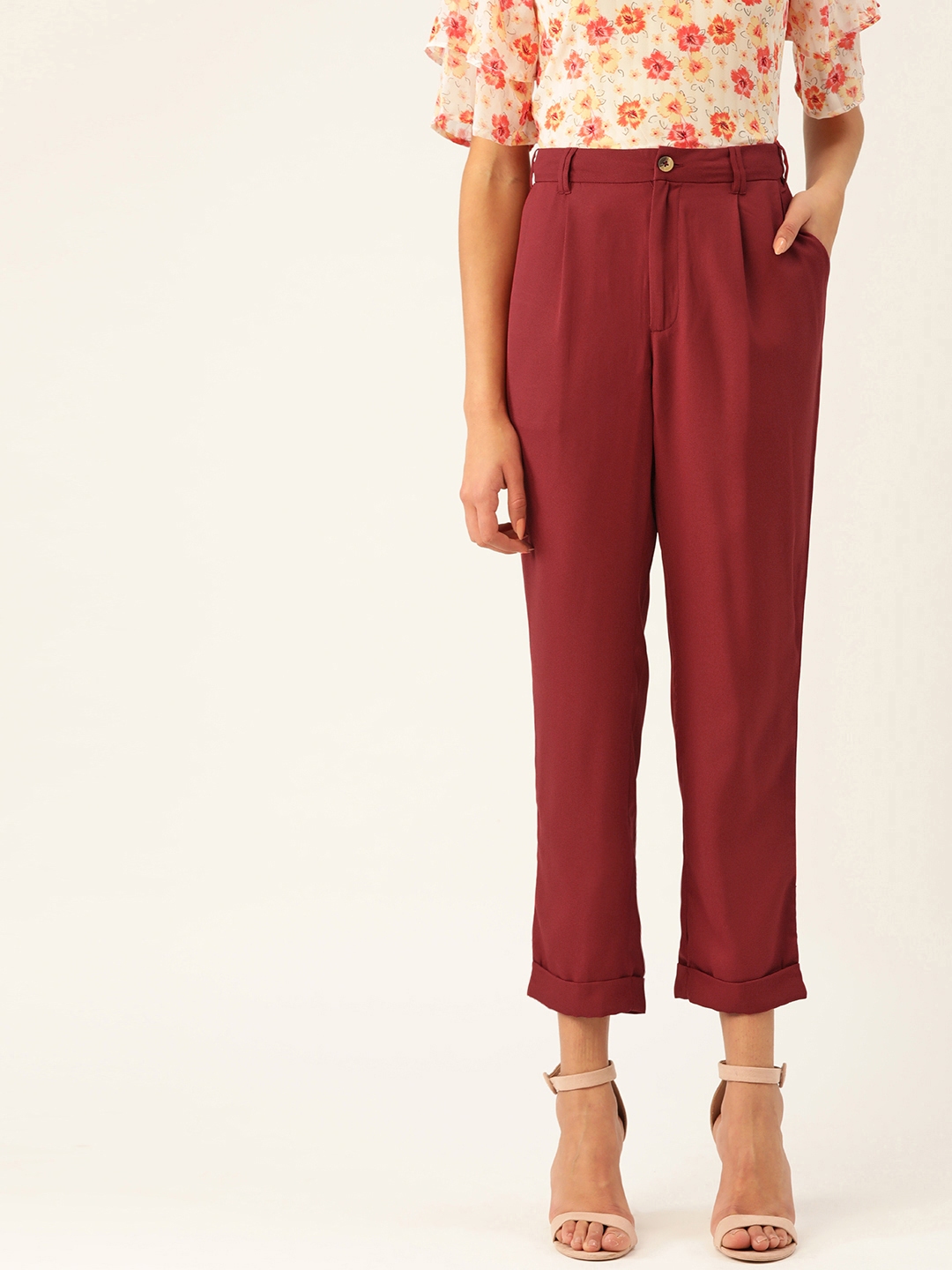 Buy Dressberry Women Rust Red Regular Fit Solid Cropped Trousers