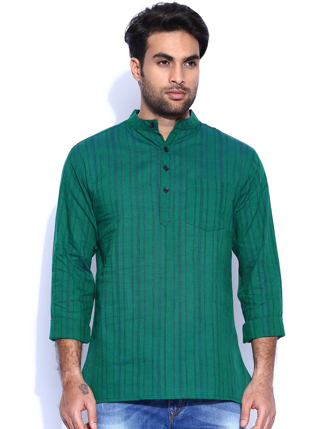 Buy Svanik Men Green Striped Short Kurta - Kurtas for Men 1102204 | Myntra