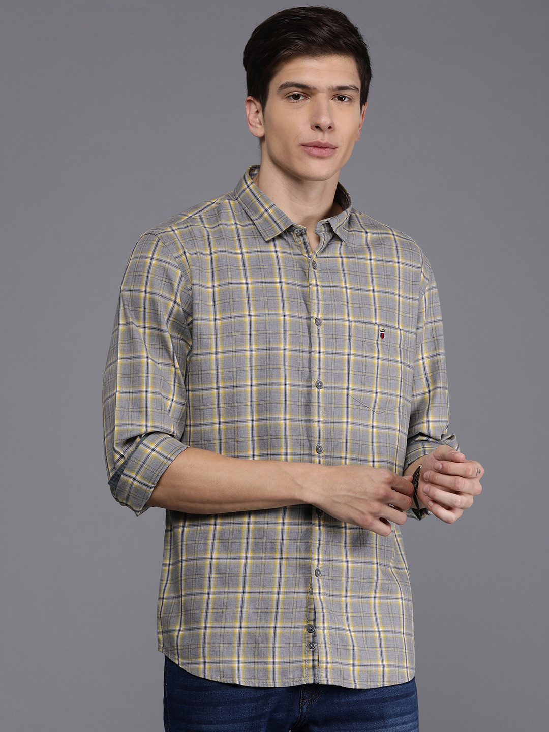 Buy Louis Philippe Jeans Men Grey & Yellow Super Slim Fit Checked ...